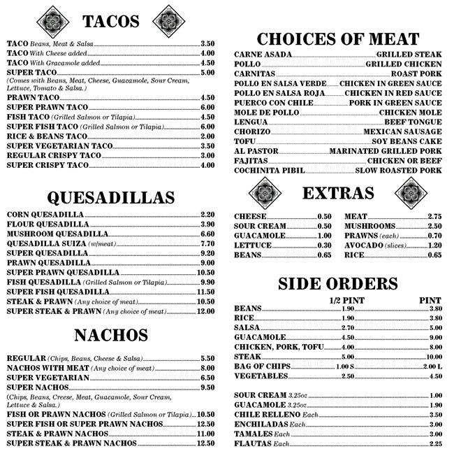 Menu at La Corneta Taqueria restaurant, Burlingame