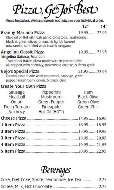 Menu at GeJo's Original restaurant, Centennial