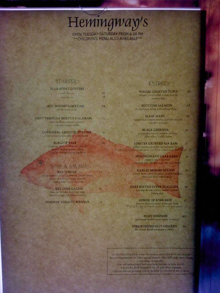 Menu at Hemingway's Restaurant, Orlando