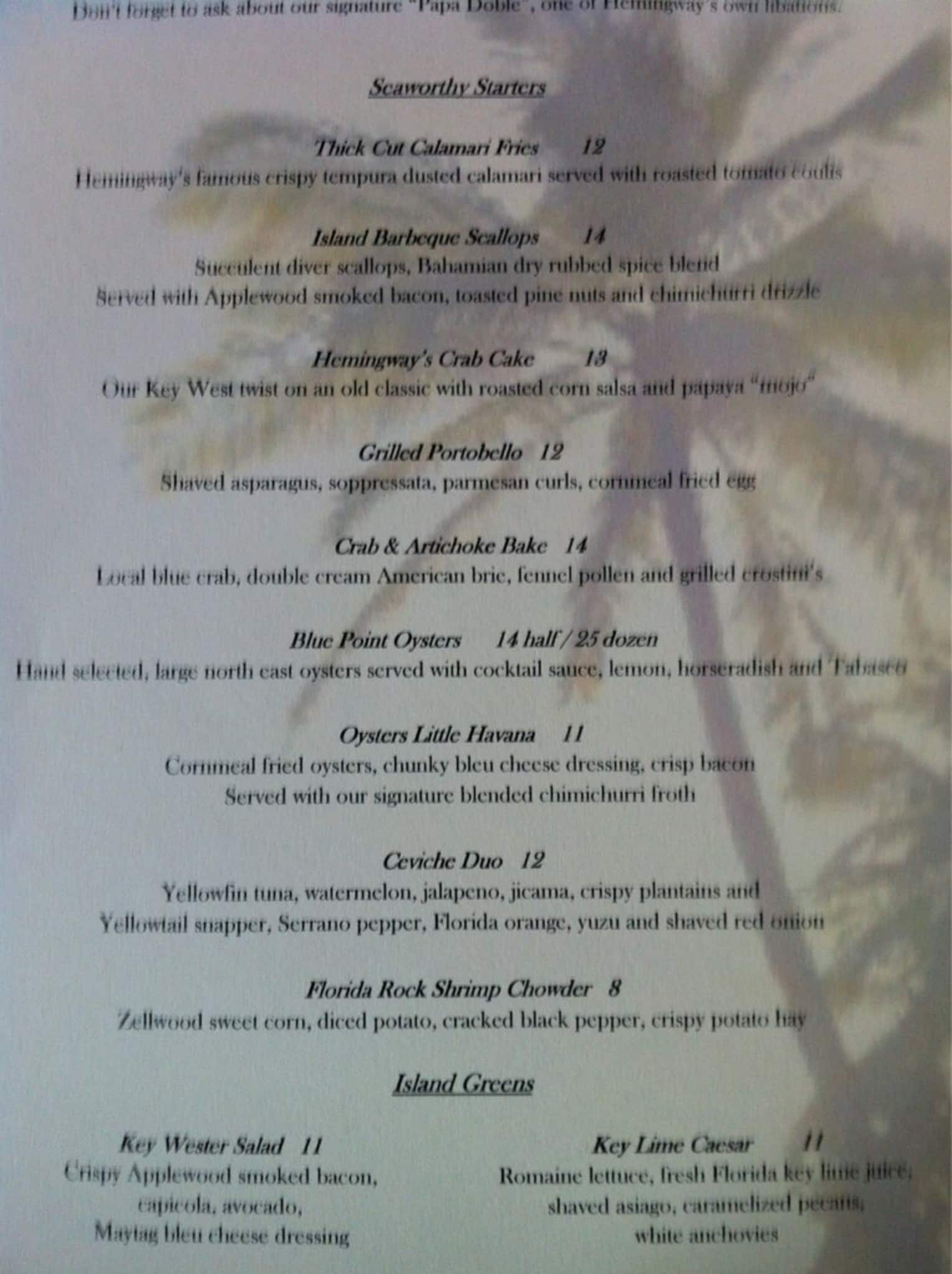 Menu at Hemingway's Restaurant, Orlando