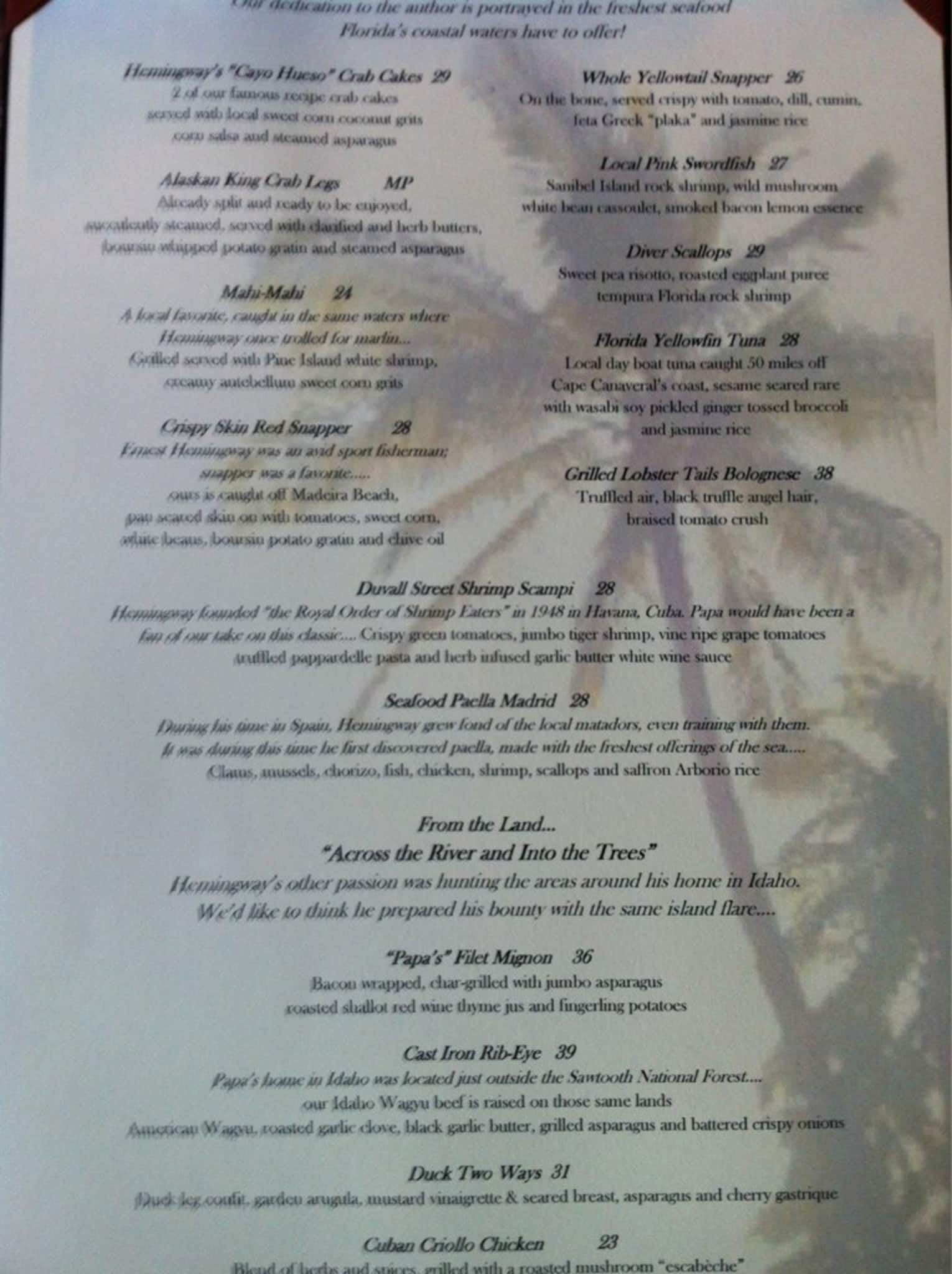 Menu at Hemingway's Restaurant, Orlando