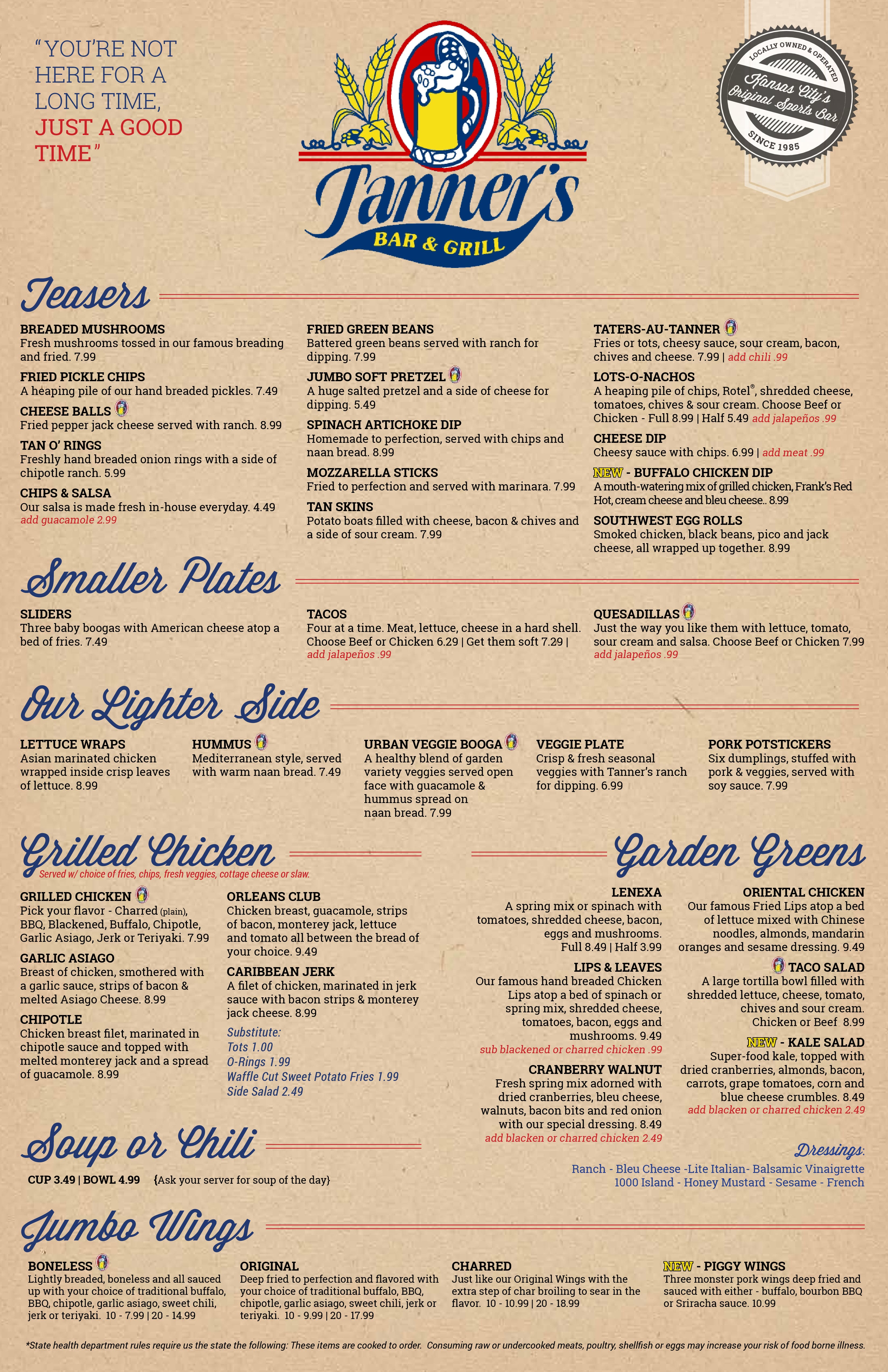 Tanner's Bar & Grill Menu - Urbanspoon/Zomato