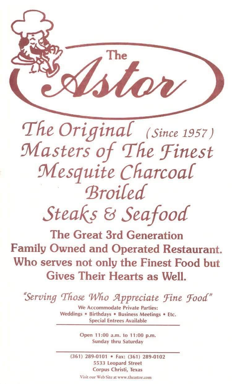 Menu at Astor Restaurant, Corpus Christi