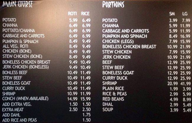 Menu at The Roti Hut restaurant, Toronto