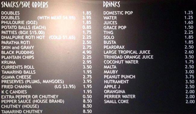 Menu at The Roti Hut restaurant, Toronto