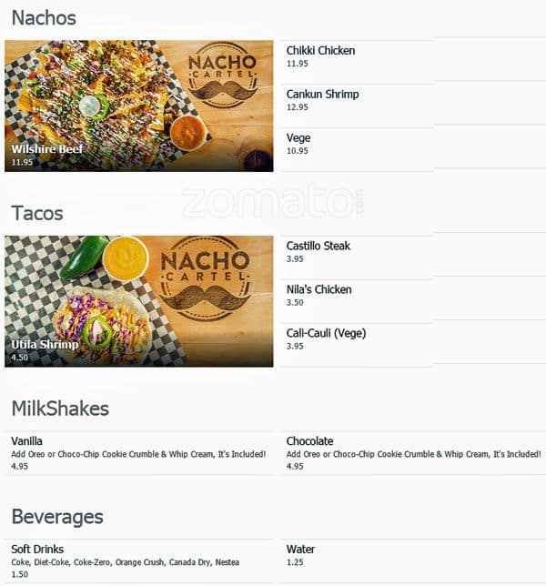 Menu at Nacho Cartel restaurant, Ottawa, 610 Bronson Ave