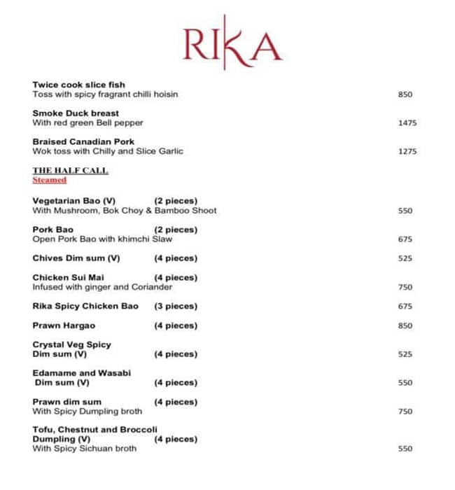 Menu at Rika - Park Hyatt, Hyderabad