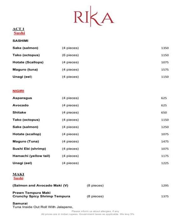 Menu at Rika - Park Hyatt, Hyderabad