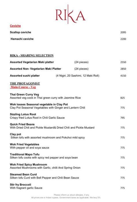 Menu at Rika - Park Hyatt, Hyderabad