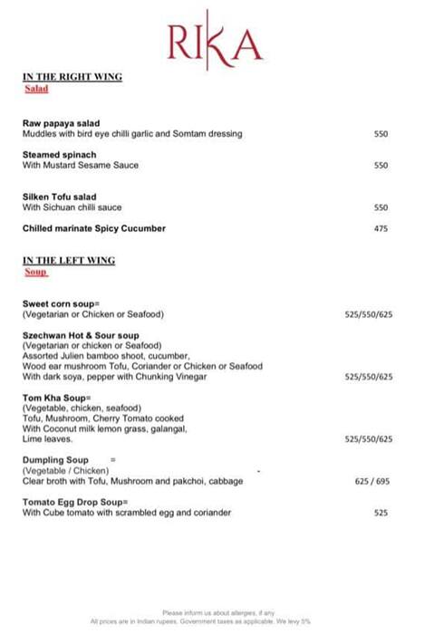 Menu at Rika - Park Hyatt, Hyderabad