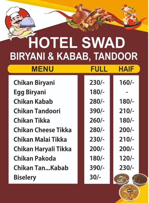 Menu of Hotel Swad Biryani And Kabab, Nandanvan, Nagpur