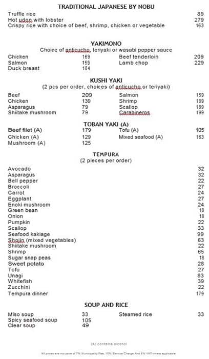 Menu at Nobu Dubai restaurant, Dubai, Ground Level