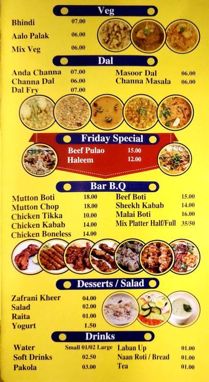 Menu of Pak Liyari, Meena Bazaar, Dubai