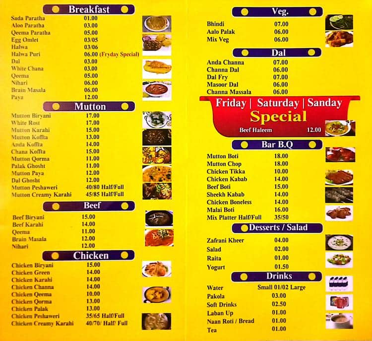 Menu of Pak Liyari, Meena Bazaar, Dubai