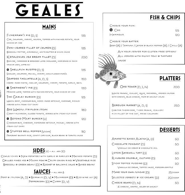 Menu at Geales restaurant, Dubai
