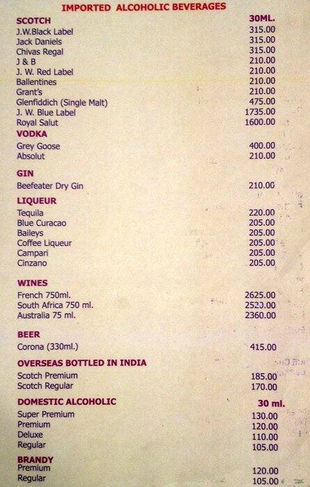 Menu of Floriana, Park Street Area, Kolkata