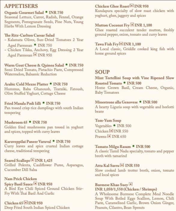 Menu at the club lounge ritz-carlton, Bengaluru