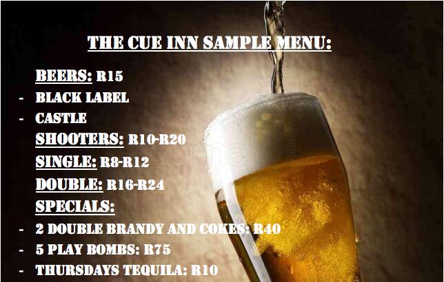 Menu at The Cue Inn pub & bar, Cape Town
