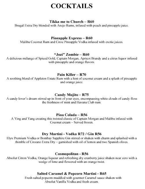 Menu at Churchills Bar - Melrose Arch Piazza, Johannesburg