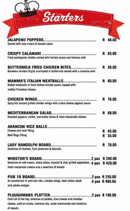 Menu at Churchills Bar - Melrose Arch Piazza, Johannesburg