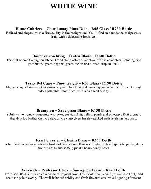 Menu at Churchills Bar - Melrose Arch Piazza, Johannesburg