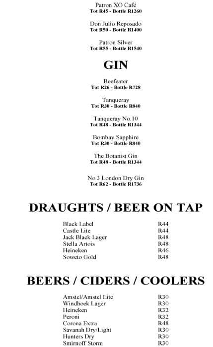 Menu at Churchills Bar - Melrose Arch Piazza, Johannesburg