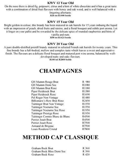 Menu at Churchills Bar - Melrose Arch Piazza, Johannesburg