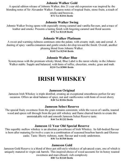 Menu at Churchills Bar - Melrose Arch Piazza, Johannesburg