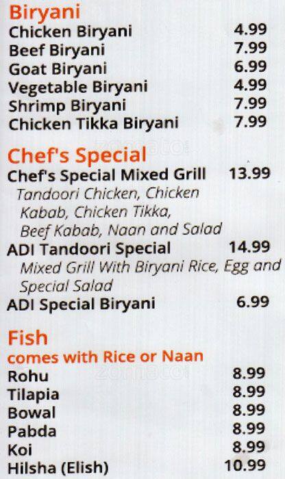 Menu at Adi-Biryani & Kabab House restaurant, Toronto