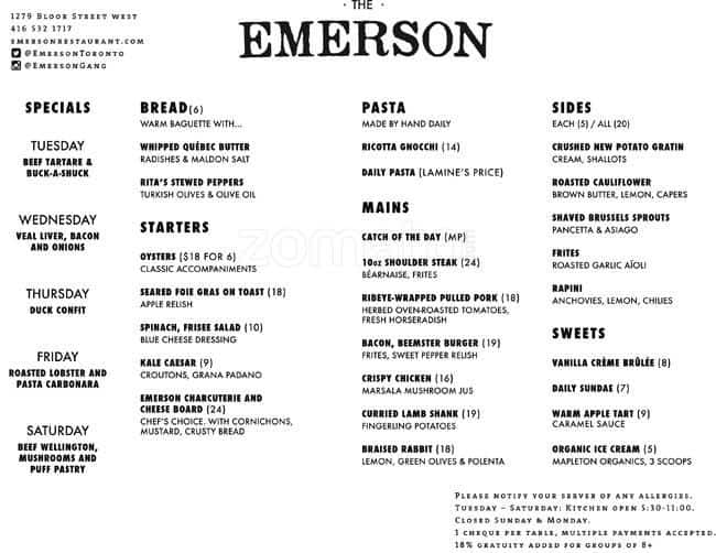 The Emerson Menu, Menu for The Emerson, Brockton Village, Toronto ...