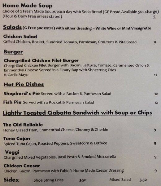 Menu at Closed cafe, Dublin, Unit 2