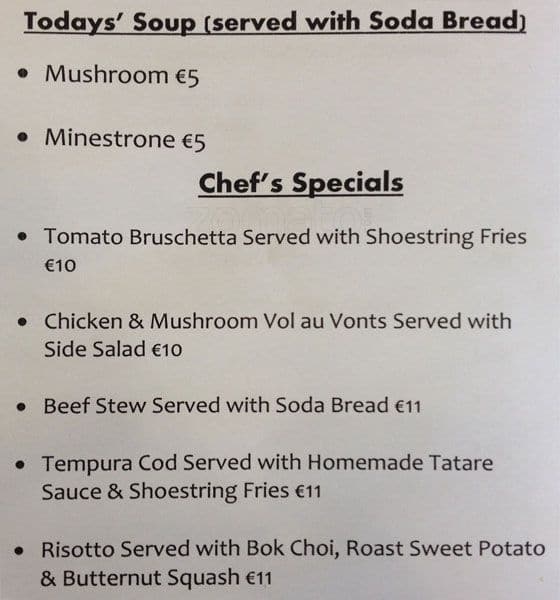 Menu at Closed cafe, Dublin, Unit 2