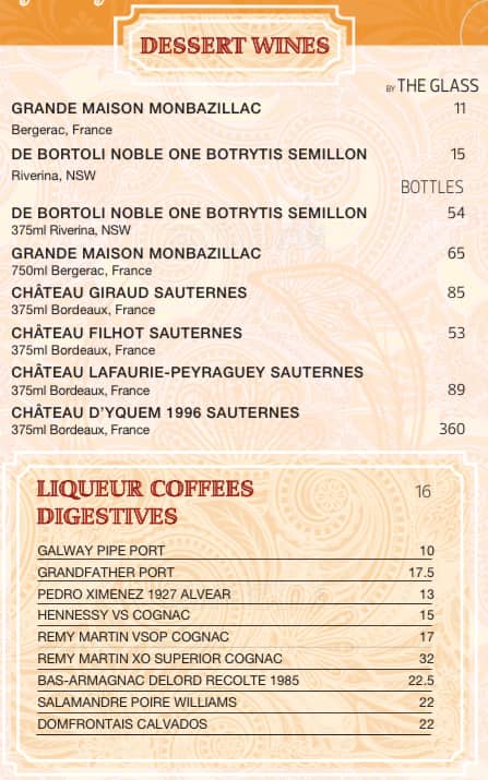 Menu at Chez Pierre restaurant, Nedlands