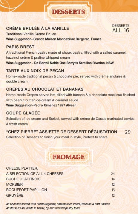 Menu at Chez Pierre restaurant, Nedlands