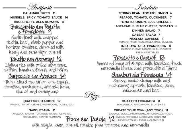 Menu at Francesca's Fortunato restaurant, Frankfort