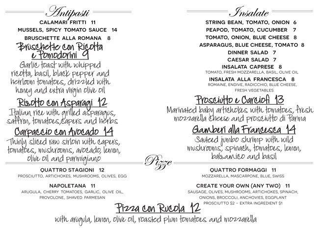 Menu at Francesca's Fortunato restaurant, Frankfort