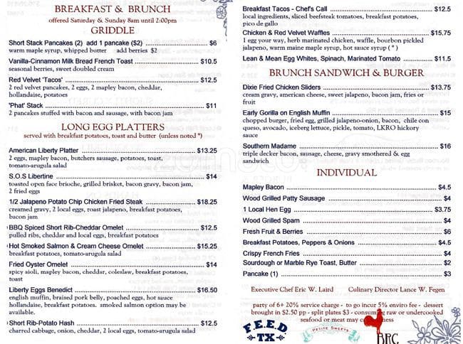 Menu at Liberty Kitchen & Oyster Bar, Houston, Studewood St