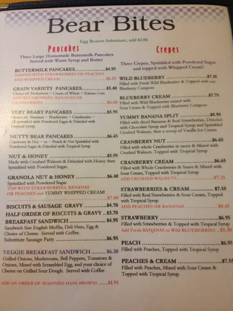 Menu at Hungry Bear restaurant, Woodland Park