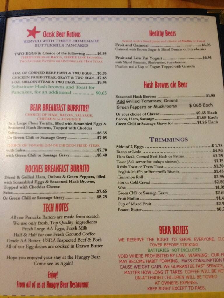Menu at Hungry Bear restaurant, Woodland Park