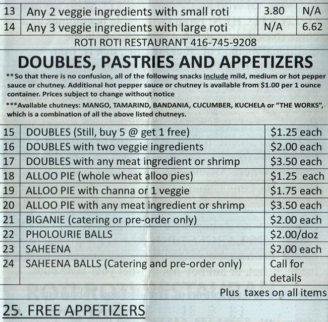 Menu at Roti Roti Family Restaurant, Toronto