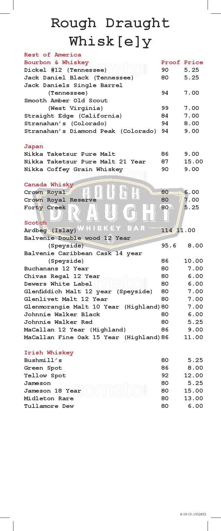 Menu at Rough Draught Whiskey Bar, College Station