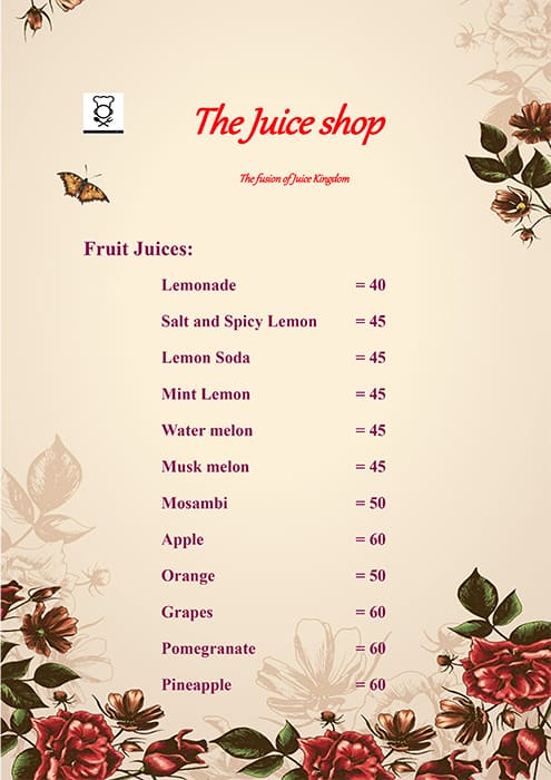 Menu at The Juice Shop, Chennai, 7