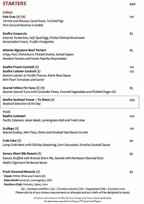 Seafire Steakhouse and Bar - Atlantis The Palm a Dubai: Foto del Menu ...