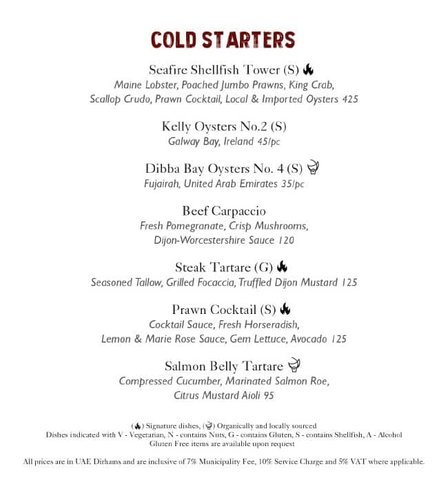 Menu of Seafire Steakhouse & Bar - Atlantis The Palm, Palm Jumeirah, Dubai