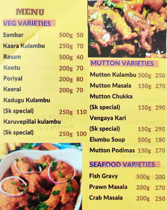 Menu of Sri's Kulambu Kadai, Mandaveli, Chennai