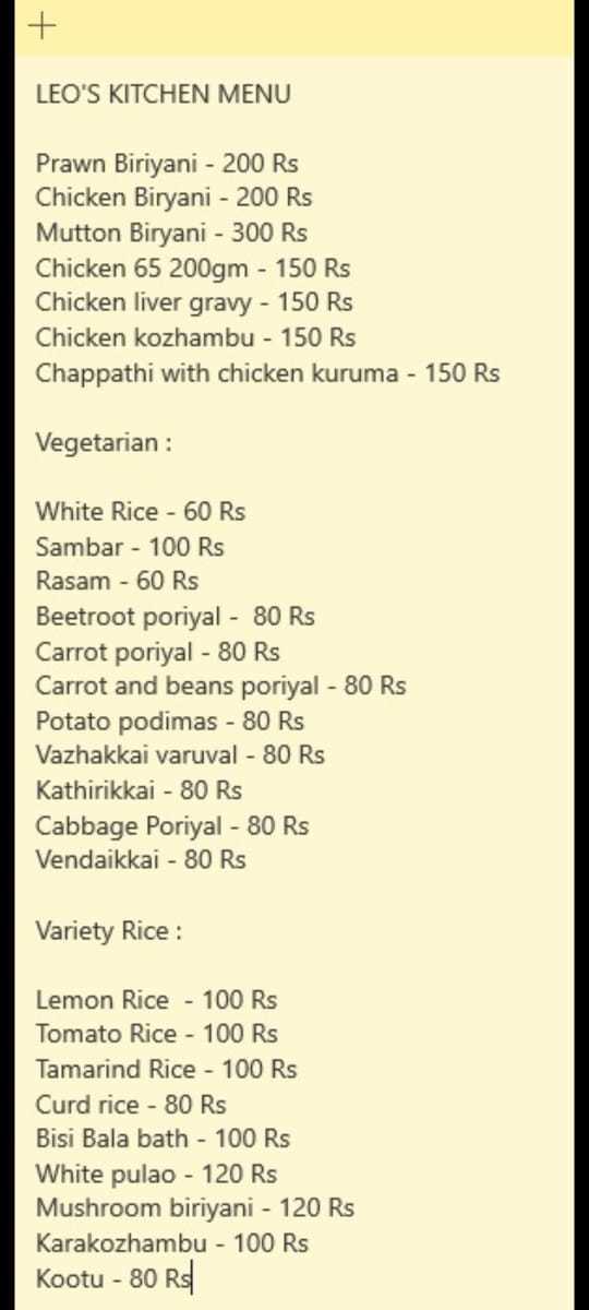 Menu of Leo's Kitchen, Mandaveli, Chennai