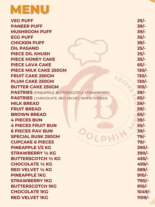 Menu of Dolphin Bangalore Bakery, Gachibowli, Hyderabad