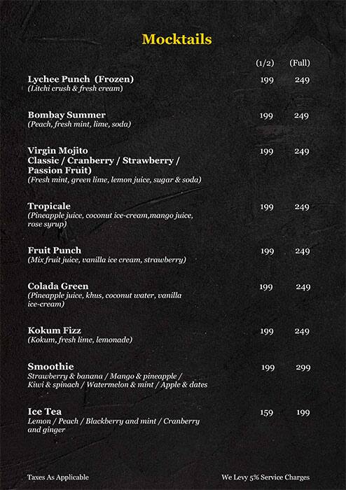Menu at Bombay Earth, Mumbai