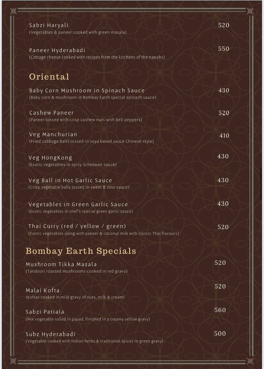 Menu at Bombay Earth, Mumbai