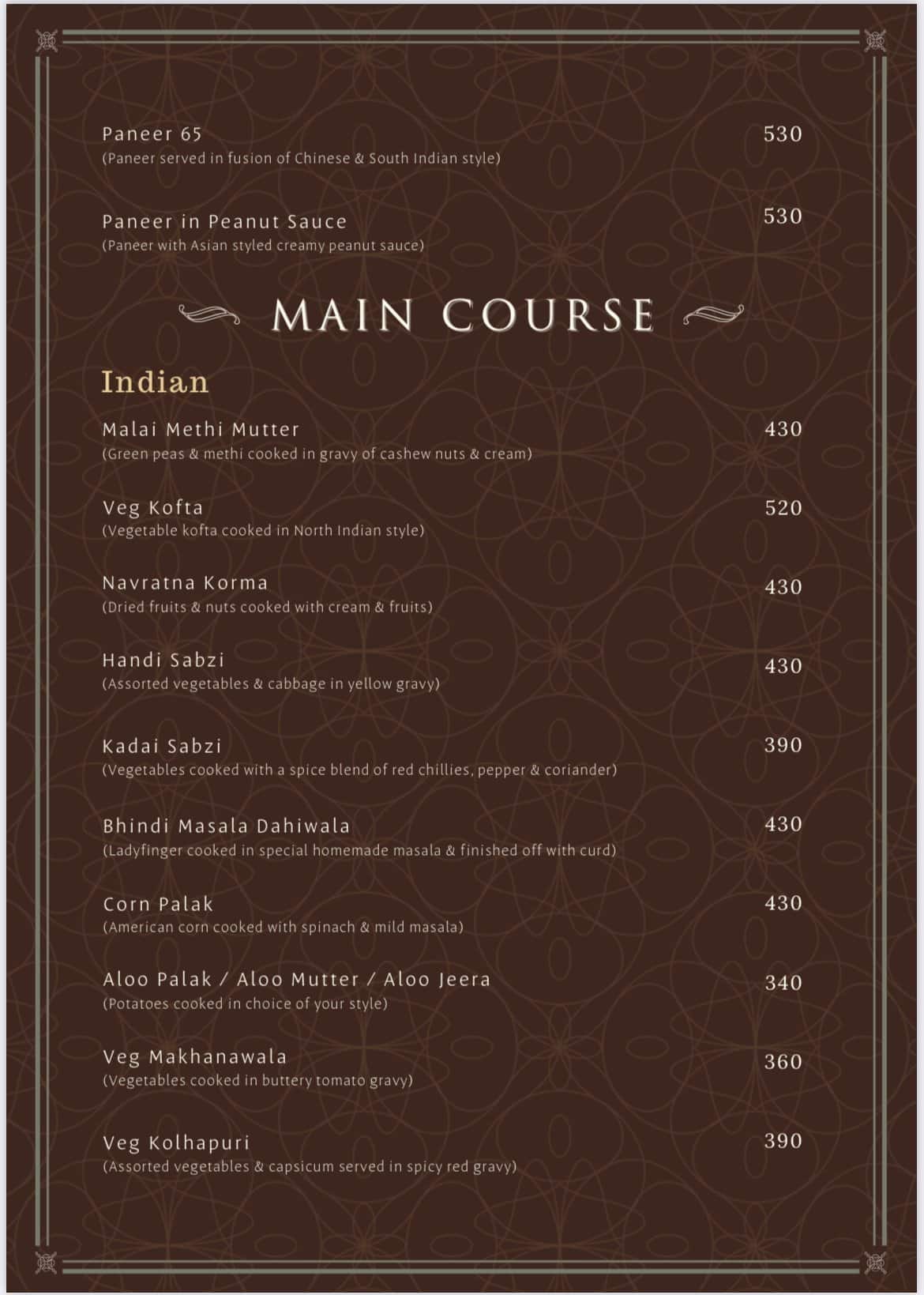 Menu at Bombay Earth, Mumbai